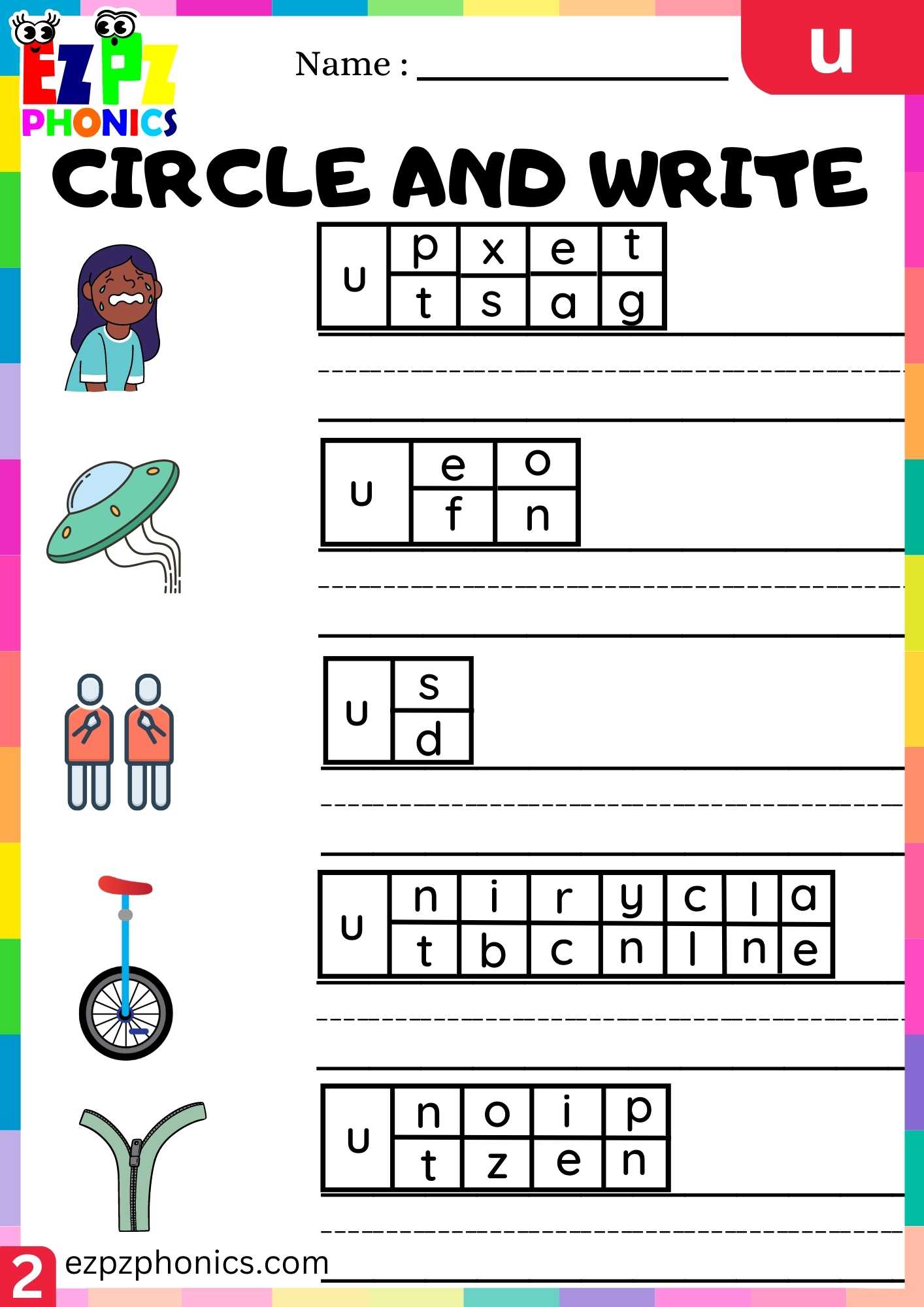 Group2 Letter U Circle And Write Beginning Sounds Worksheet - ezpzphonics.com